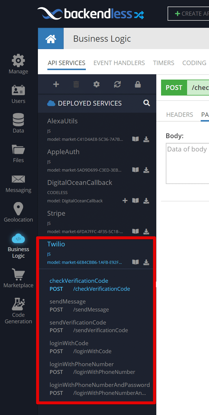 Twilio Integration Plugin | Backendless Mobile Platform